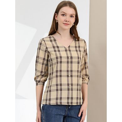Women's Check Tops V Neck Blouses Summer 3/4 Sleeves Work Plaid Shirt