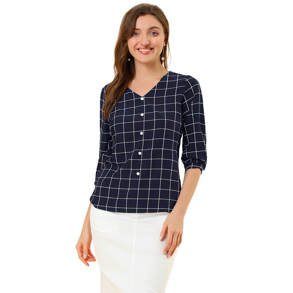Women's Check Tops V Neck Blouses Summer 3/4 Sleeves Work Plaid Shirt