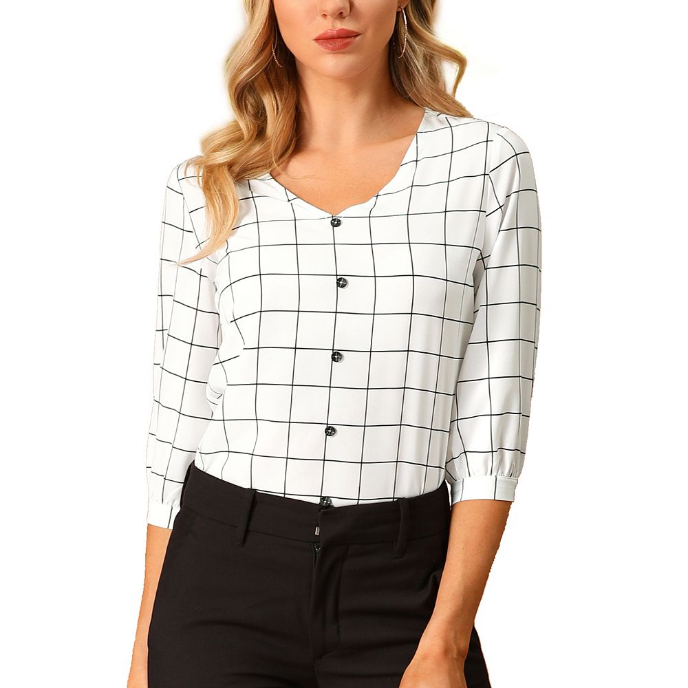 Women's Check Tops V Neck Blouses Summer 3/4 Sleeves Work Plaid Shirt