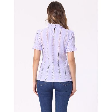 Crochet Eyelet Top for Women's Mock Neck Puffy Sleeve Ruffle Casual Embroidery Blouse