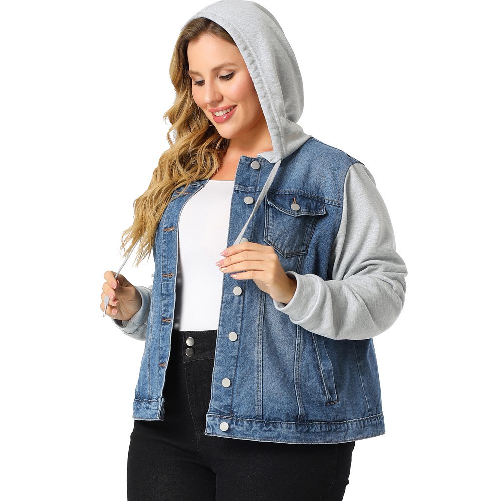 Women's Plus Size Layered Drawstring Hood Denim Jacket