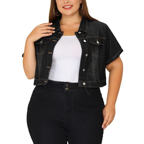 Women's Plus Size Cropped Wash Short Sleeves Denim Jacket