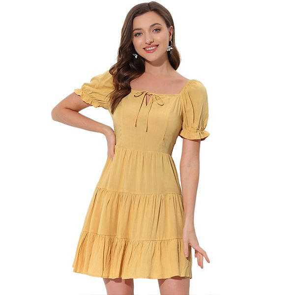 Women's Square Neck Pastel Solid Dressess Ruffle Short Sleeve Above ...