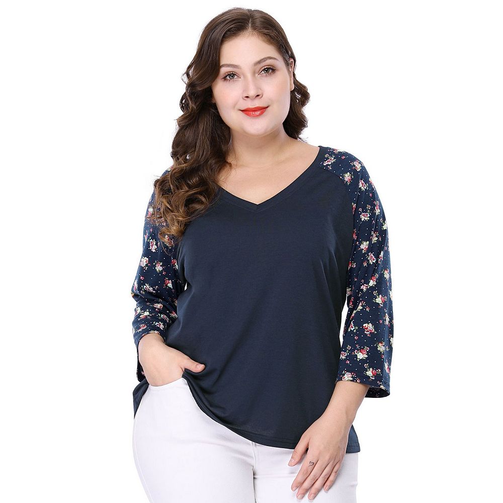 Women's Plus Size Fall Contrast Panel Floral V Neck 3/4 Sleeve Tops