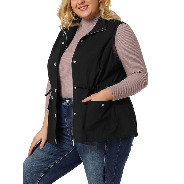 Women's Plus Size Cargo Pocket Drawstring Waist Vest Jacket