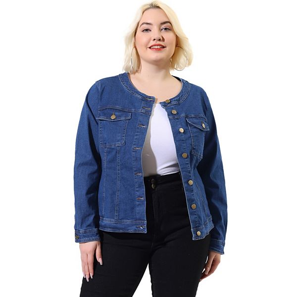 Women's Plus Size Long Sleeves Collarless Denim Jacket