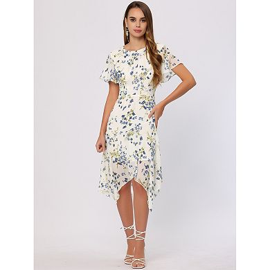 Women's Floral Asymmetrical Hem Ruffle Short Sleeve Chiffon Midi Dress