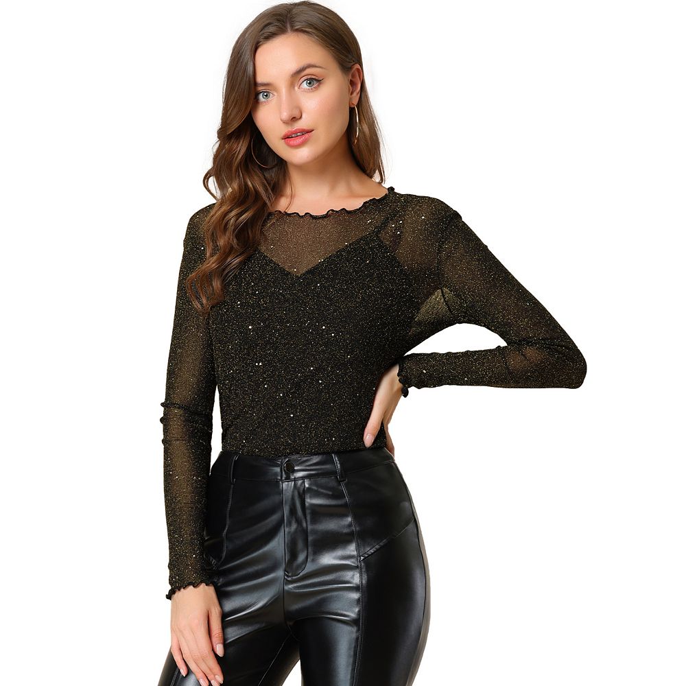 Women Long Sleeve Mesh Tops Spaghetti Strap Camisole Party Shirt