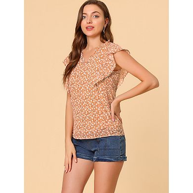 Women's Ruffle Tops Casual V Neck Cap Sleeves Floral Blouse