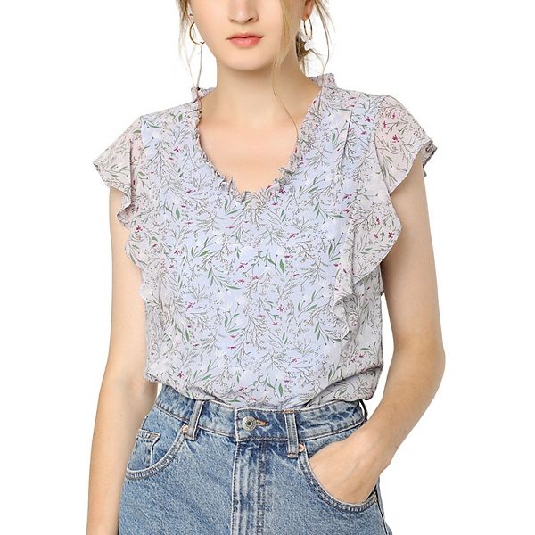 Women's Ruffle Tops Casual V Neck Cap Sleeves Floral Blouse