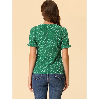 Women's Square Neck Button Ruffle Sleeve Love Heart Printed Blouse Top