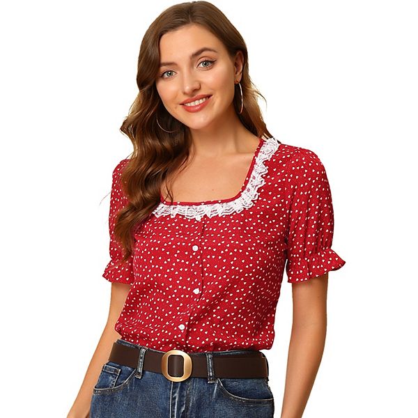 Women's Square Neck Button Ruffle Sleeve Love Heart Printed Blouse Top