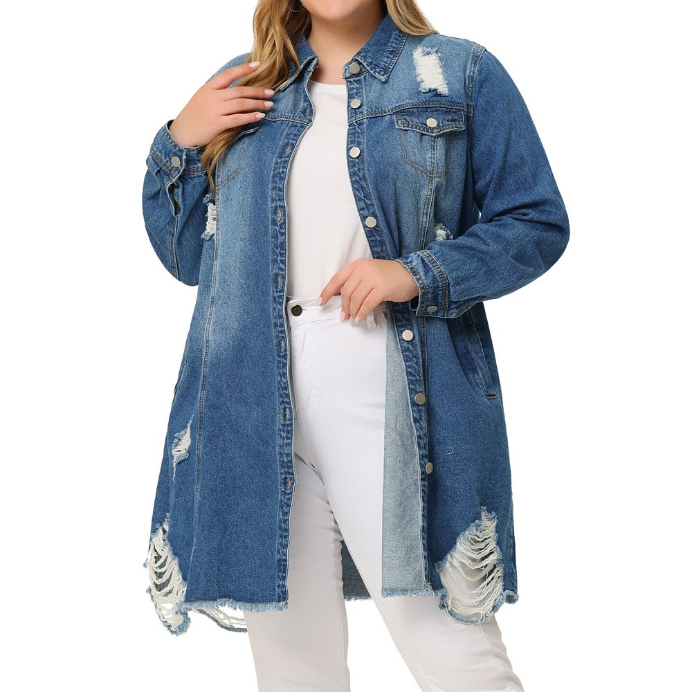Women's Plus Size Jean Jacket Classic Distressed Fray Hem Trucker Denim ...