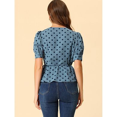 Women's V Neck Polka Dots Blouses Short Sleeve Wrap Peplum Top