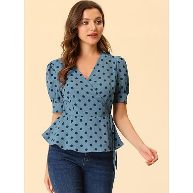 Women's V Neck Polka Dots Blouses Short Sleeve Wrap Peplum Top