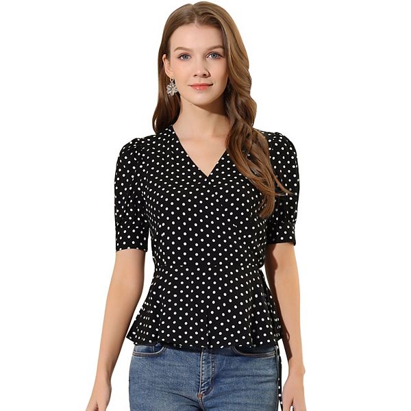 Women's V Neck Polka Dots Blouses Short Sleeve Wrap Peplum Top