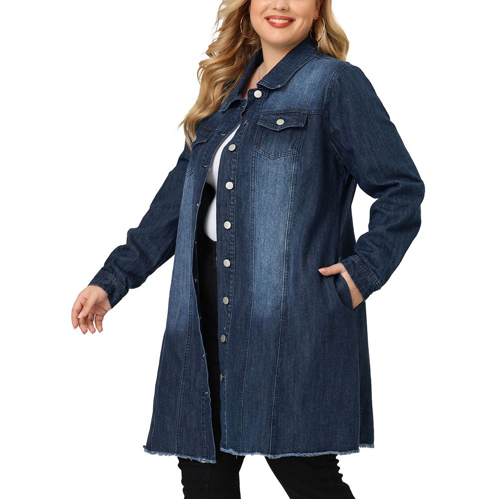 Women's Plus Size Ripped Long Sleeve Mid Length Denim Jacket