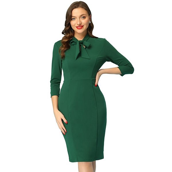 Sheath Dresses for Women's Front Tie Neck 3/4 Sleeve Work Bodycon Dress