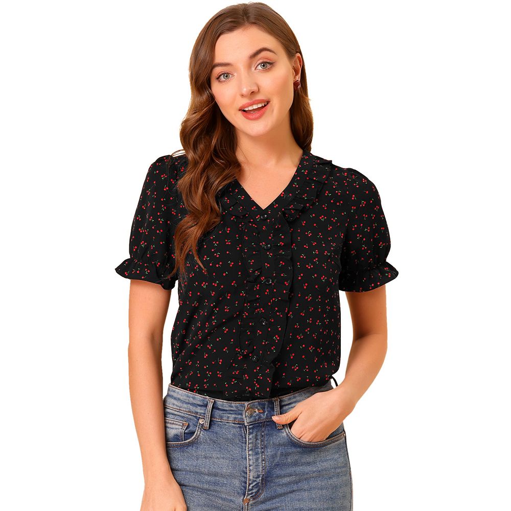 Women's Short Sleeve Ruffle V Neck Cherry Printed Vintage Summer ...