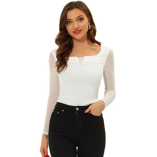 Work Blouses For Womens Square Neck Slim Fit Mesh Sheer Long Sleeve Tops