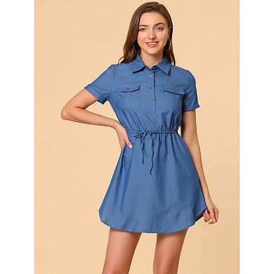 Women's Point Collar Button Front Short Sleeve Tie Waist Mini Shirt Dress