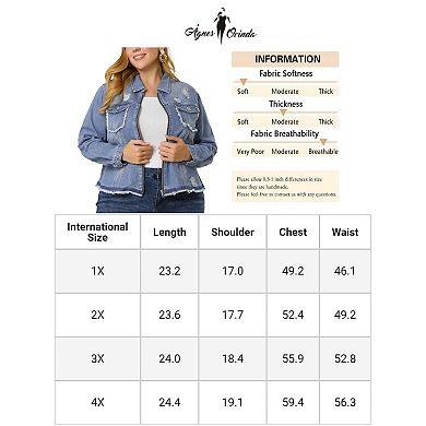Women's Plus Size Denim Chest Pocket Frayed Hem Jean Jackets