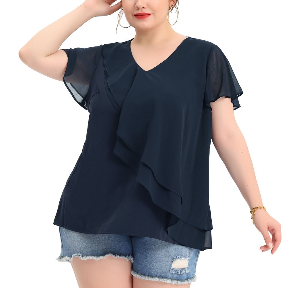 Women's Plus Size Top Flutter Sleeve V Neck Layered Ruffle Blouses