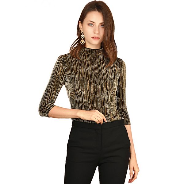 Women's Party Glitter 3/4 Sleeve Shiny Striped Metallic Tops