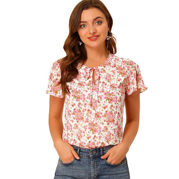 Women's Casual Tie Neck Short Sleeve Ruffled Floral Tops