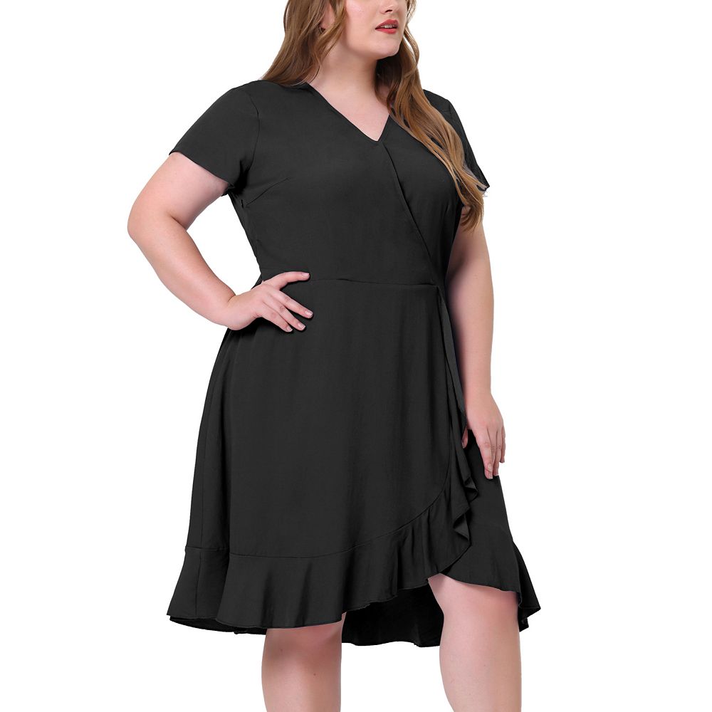 Women's Plus Size Denim Wrap Elastic Waist Ruffle Dress