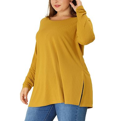 Women's Plus Size Casual Knit Solid Basic Split Side Top