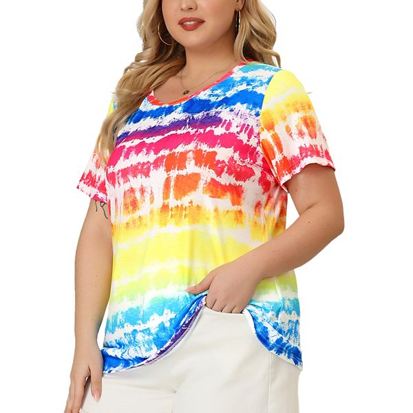 Women's Plus T-Shirts Round Neck Multi Color Dye Casual Tops