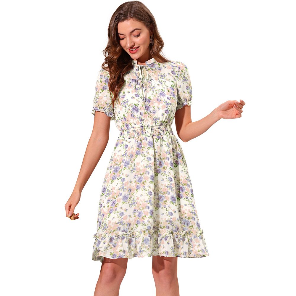 Women's Floral Ruffle Hem Short Sleeve A-Line Smocked Chiffon Dress
