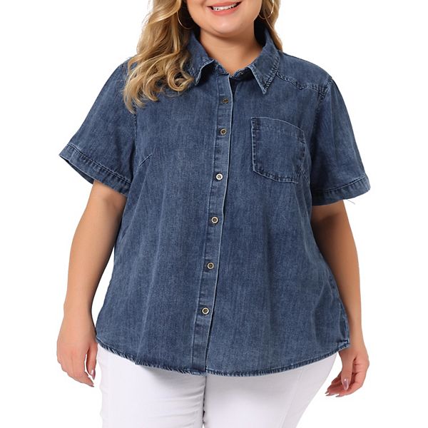 Plus Size Denim Shirt Women Jean Western Shirts Short Sleeve Button ...