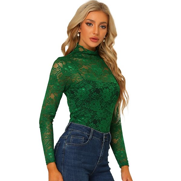 Womens See Through Long Sleeve Turtle Neck Sheer Floral Lace Blouse Top