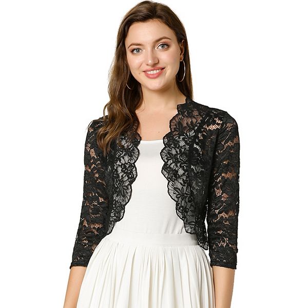 Womens Elegant 3 4 Sleeve Sheer Lace Floral Open Front Shrug Top