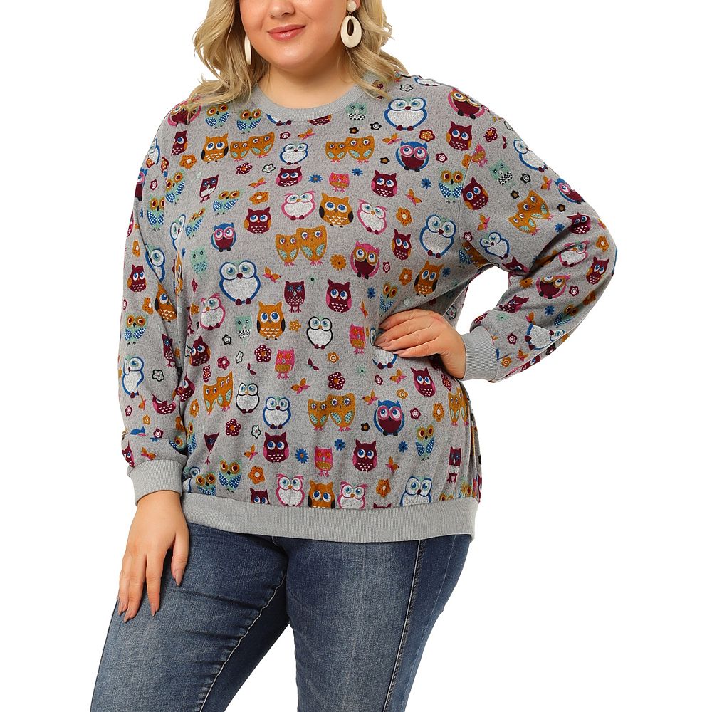 Women's Plus Size Winter Pullover Cute Owl Pattern Sweatershirt