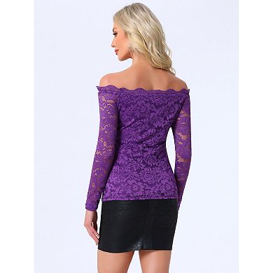 Off Shoulder Floral Lace Top For Women's Sheer Long Sleeves Slim Fit ...