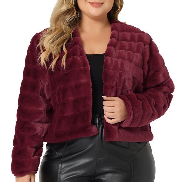 Women's Plus Size Open Front Plush Faux Fur Cropped Jacket