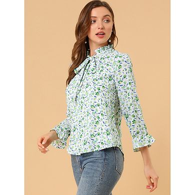 Women's Ruffle Collar 3/4 Sleeve Tie Neck Chiffon Floral Blouse Top