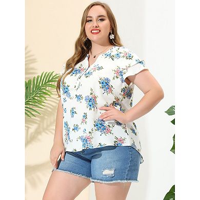 Women's Plus Size Layered Sleeve V Neck Floral Ruffle Casual Blouse
