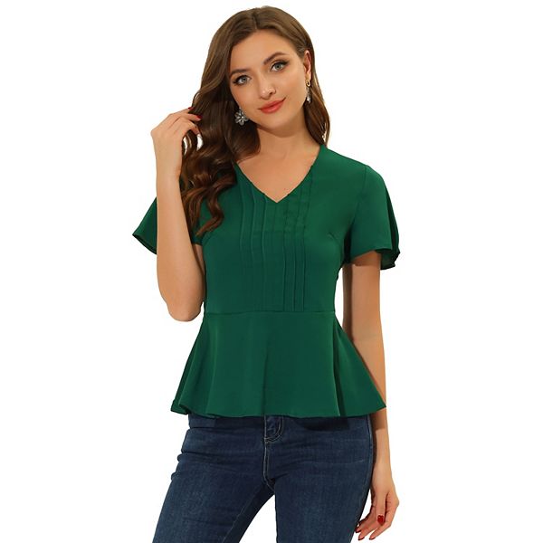 Women's Casual V Neck Pleated Blouse Short Bell Sleeves Flare Peplum Tops