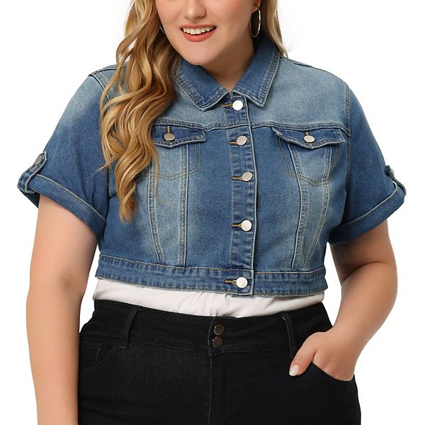 Women's Plus Size Cropped Denim Jackets Button Front Work Jean Washed ...
