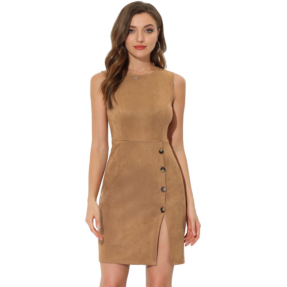 Women's Sleeveless Button Decor Side Slit Suede Pencil Sheath Dress