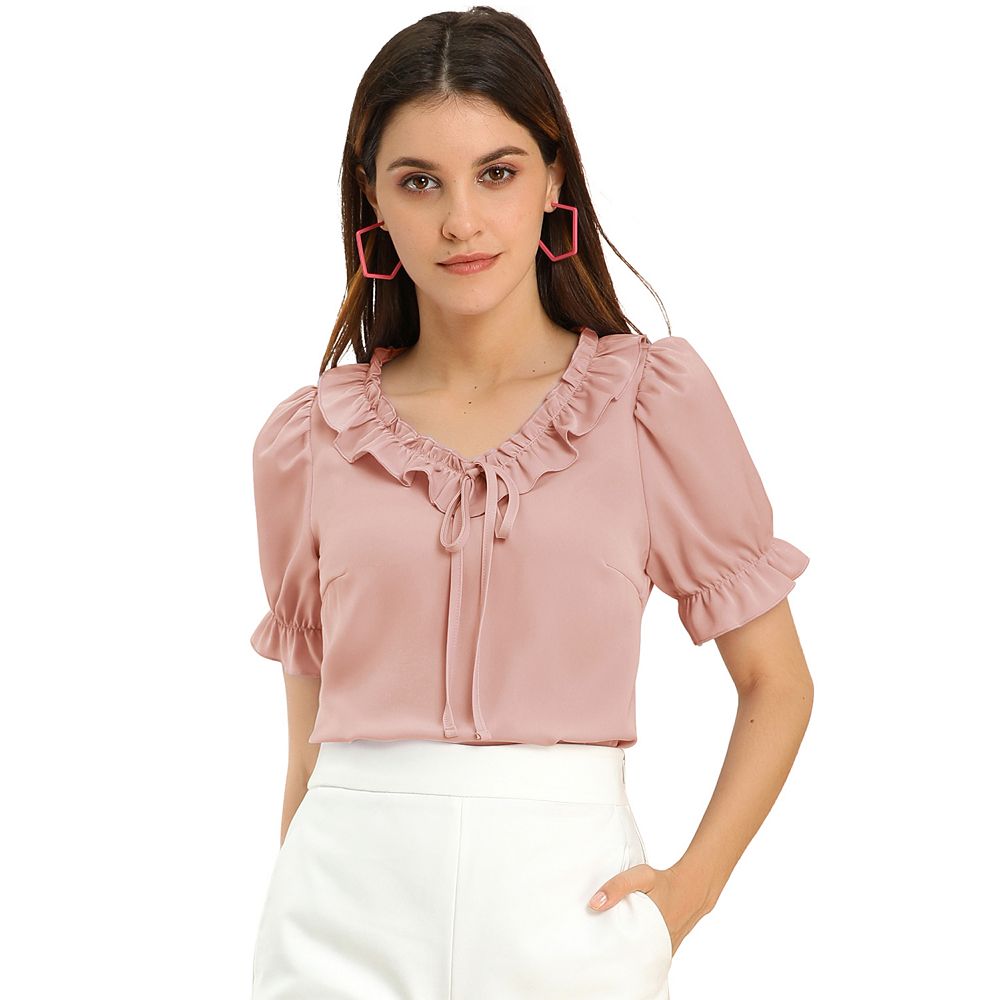 Women's Tie V Neck Ruffle Neck Top Puffy Sleeve Ruffle Cuff Casual Blouse
