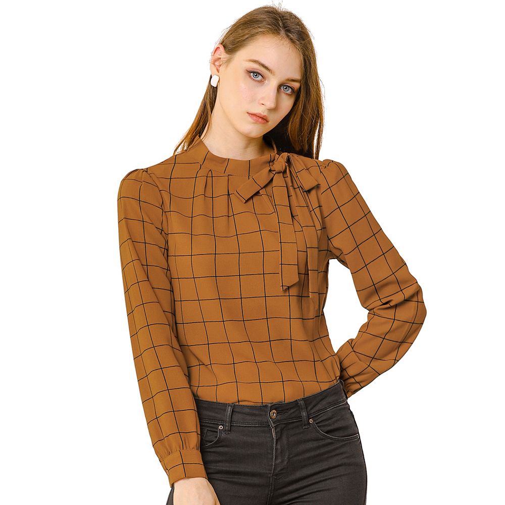 Women's Bow Tie Neck Grid Checks Shirt Office Work Tops Blouses