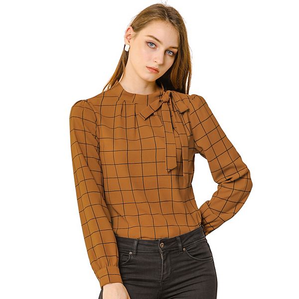Women's Bow Tie Neck Grid Checks Shirt Office Work Tops Blouses