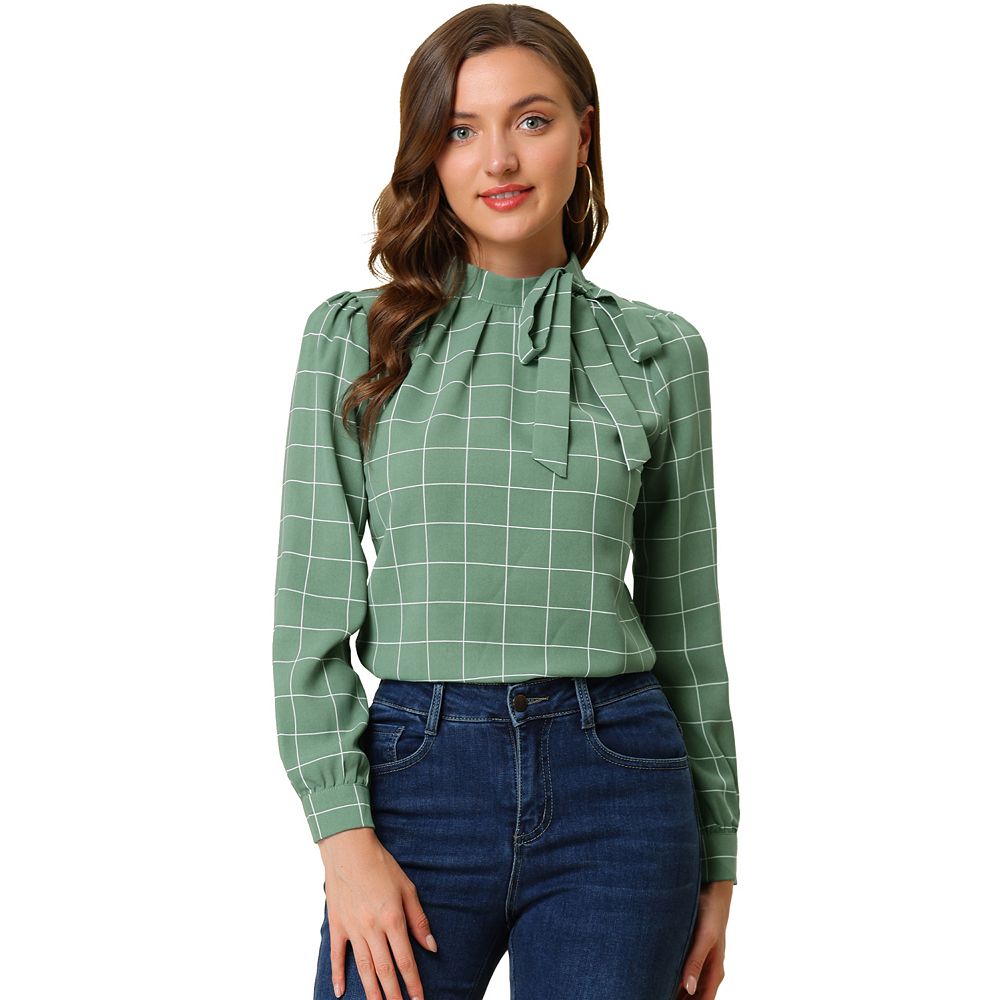Women's Bow Tie Neck Grid Checks Shirt Office Work Tops Blouses