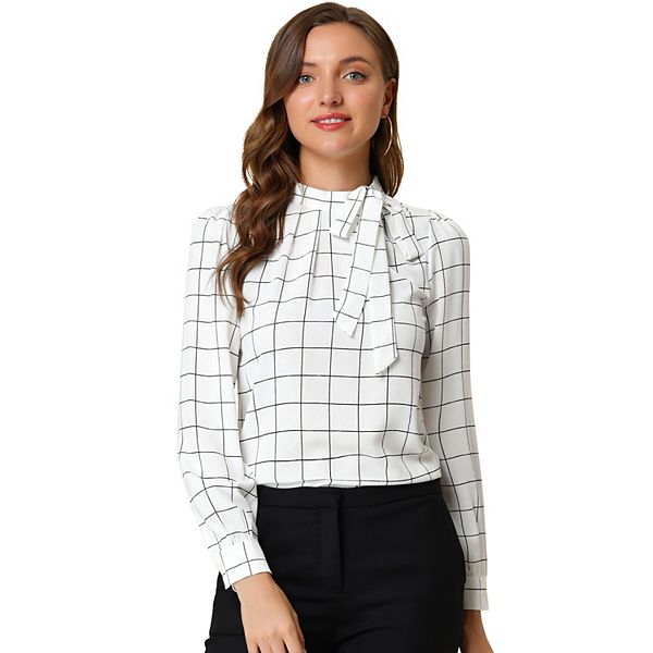 Women's Bow Tie Neck Grid Checks Shirt Office Work Tops Blouses