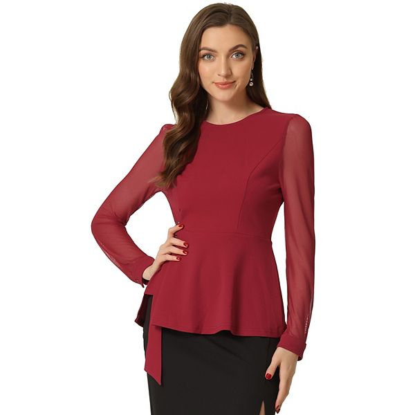 Peplum Blouse For Womens Mesh Sheer Long Sleeve Round Neck Belted Work Top